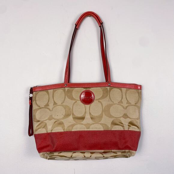Coach | Bags | Coach C Logo Canvas And Leather Tote Tan Pink | Poshmark